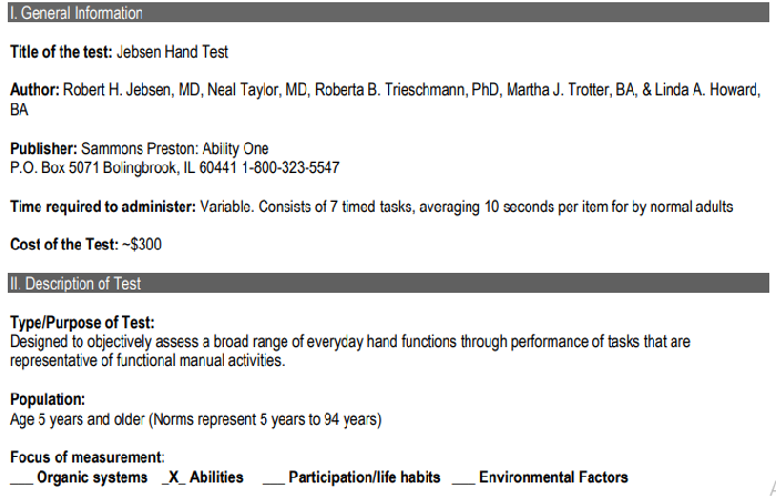 Jebsen Taylor Hand Funtion Test - JTHFT :: Escalas de evaluación