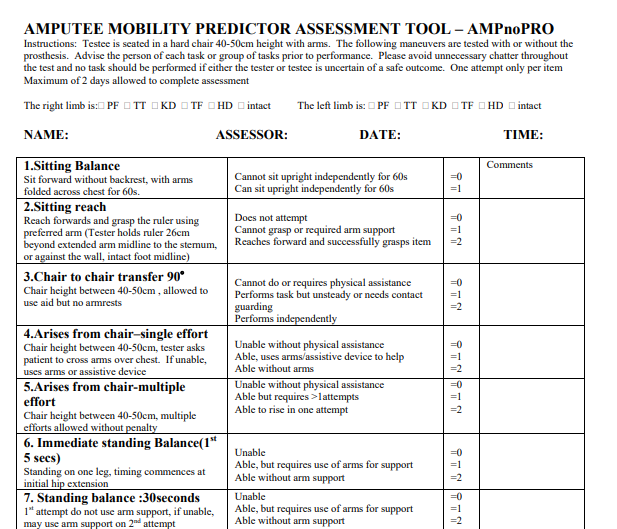 Amputee Mobility Predictor Assessment Tool :: Escalas de evaluación